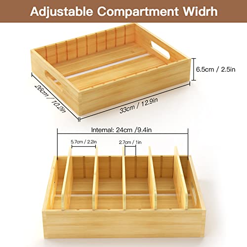 DUJEN Bamboo Food Container Lid Organizer, Kitchen Cabinet Organizer with Adjustable Dividers for Plastic Lids and Covers Storage, Kitchen Pantry Organizer for Multipurpose Lid Holder