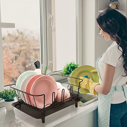 vizoe Dish Drying Rack 15''*11''*8'', Black Iron Dish Rack with Automatic Drainage, Removable Utensil Holder and Cup Holder, Drying Rack with Swivel Spout for Kitchen Inside Sink Counter Cabinet