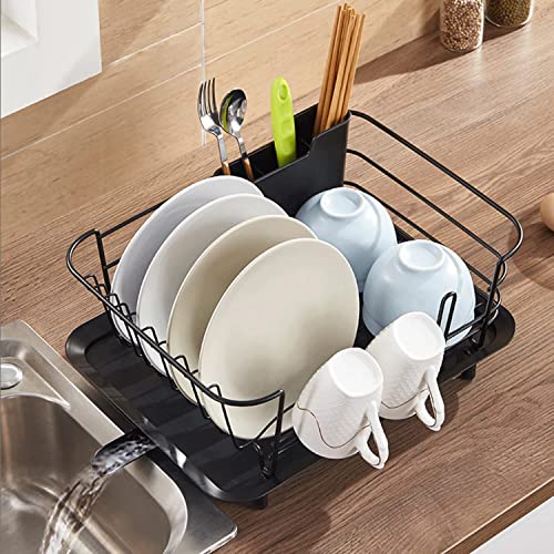 vizoe Dish Drying Rack 15''*11''*8'', Black Iron Dish Rack with Automatic Drainage, Removable Utensil Holder and Cup Holder, Drying Rack with Swivel Spout for Kitchen Inside Sink Counter Cabinet