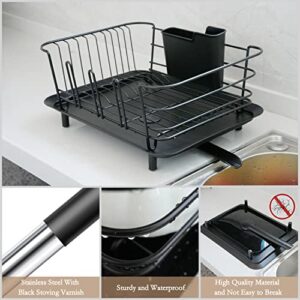 vizoe Dish Drying Rack 15''*11''*8'', Black Iron Dish Rack with Automatic Drainage, Removable Utensil Holder and Cup Holder, Drying Rack with Swivel Spout for Kitchen Inside Sink Counter Cabinet