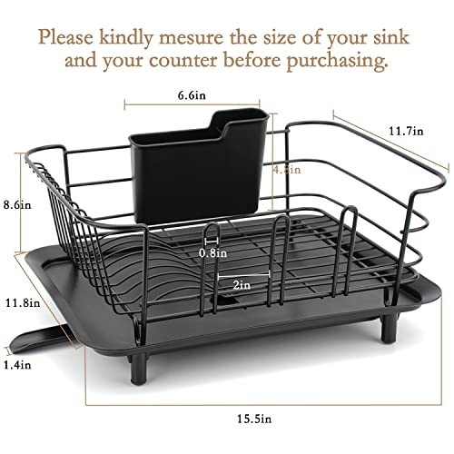 vizoe Dish Drying Rack 15''*11''*8'', Black Iron Dish Rack with Automatic Drainage, Removable Utensil Holder and Cup Holder, Drying Rack with Swivel Spout for Kitchen Inside Sink Counter Cabinet