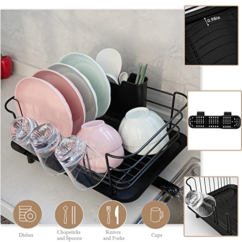 vizoe Dish Drying Rack 15''*11''*8'', Black Iron Dish Rack with Automatic Drainage, Removable Utensil Holder and Cup Holder, Drying Rack with Swivel Spout for Kitchen Inside Sink Counter Cabinet