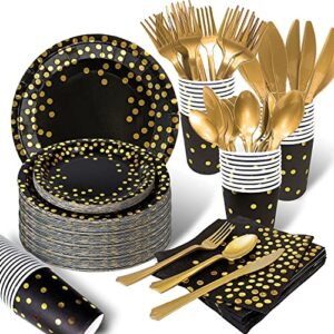 175pcs black and gold party supplies, severs 25 disposable party dinnerware, gold plastic forks knives spoons and golden dot black paper plates, black napkins cups for graduation, birthday, wedding