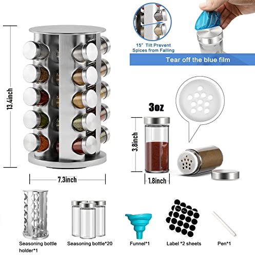 Revolving Spice Rack Organizer Countertop, Spinning Herb and Spice Storage Rack Tower Organizer with 20 Empty Jars, Rotating Spice Holder Shelf Seasoning Rack Shelf, Spice Seasoning Bottle Organizer