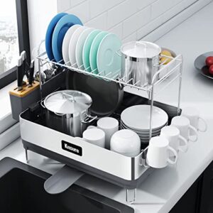 kitsure dish rack, 2-tier dish drying rack with large capacity, multifunctional dish drying rack with drainboard, rustproof & durable dish rack