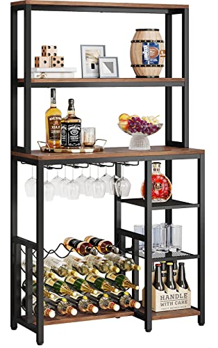 Tribesigns 5 Tiers Wine Rack Table, Bakers Rack with Wine Storage, Wine Rack Freestanding Floor with Glass Stemware Holders,Wine Bar Table for Kitchen, Dinning Room, Rustic Brown