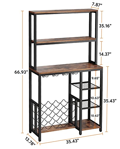 Tribesigns 5 Tiers Wine Rack Table, Bakers Rack with Wine Storage, Wine Rack Freestanding Floor with Glass Stemware Holders,Wine Bar Table for Kitchen, Dinning Room, Rustic Brown