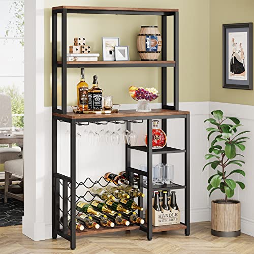 Tribesigns 5 Tiers Wine Rack Table, Bakers Rack with Wine Storage, Wine Rack Freestanding Floor with Glass Stemware Holders,Wine Bar Table for Kitchen, Dinning Room, Rustic Brown