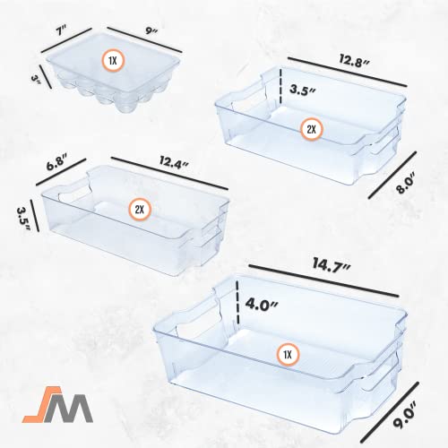 Jinamart Refrigerator Organizer Bins 6 Pcs Multiple Sizes Clear Plastic Storage Bins for Fridge, Freezer, and Pantry Organization, Includes 2 Wide, 2 Narrow, 1 Large Bin & 1 Egg Holder(12 Egg)