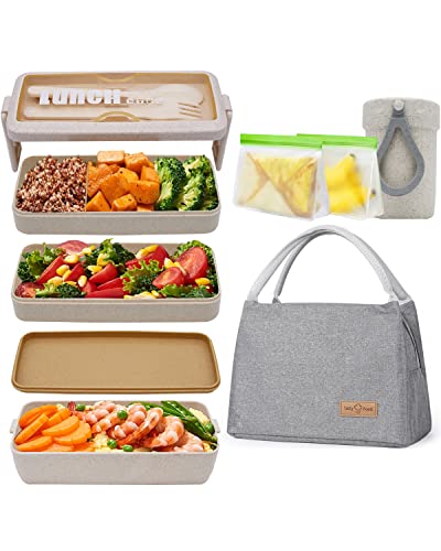 JBGOYON Bento Boxes for Adults, 1000ML Bento Lunch Box For Kids Children - Wheat Straw, Leakproof Stackable 3-In-1 Compartment Bento Box Set, Built-in Cutlery, Insulated Lunch Bag