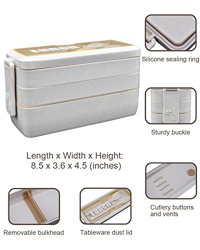 JBGOYON Bento Boxes for Adults, 1000ML Bento Lunch Box For Kids Children - Wheat Straw, Leakproof Stackable 3-In-1 Compartment Bento Box Set, Built-in Cutlery, Insulated Lunch Bag