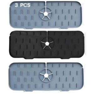 pouchouse sink splash guard 3 pack-faucet mat for kitchen-kitchen gadgets-drying mat for kitchen protectors-sponge holder-under sink mats for kitchen waterproof(black grey).