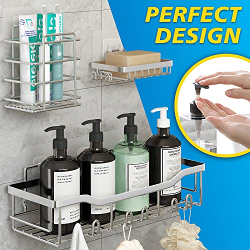 Coraje Shower Organizer [5-Pack] Shower Shelves for Inside Shower Adhesive Shower Caddy, No Drilling Rustproof Stainless Steel Extra Large Bathroom Shower shelf, Silver