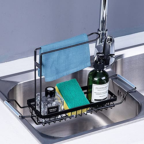 Mlesi Sponge Holder for Kitchen Sink Kitchen Sink Caddy Stainless Steel Telescopic Sink Storage Rack, Telescopic Sink Basket with Dish Towel Rack Expandable (14.2"-17.3") Rustproof Sink Organizer