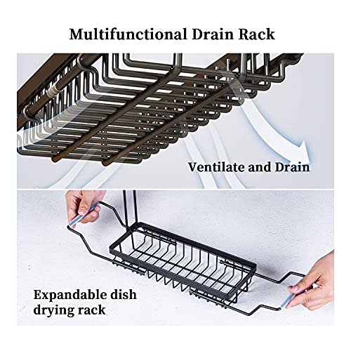 Mlesi Sponge Holder for Kitchen Sink Kitchen Sink Caddy Stainless Steel Telescopic Sink Storage Rack, Telescopic Sink Basket with Dish Towel Rack Expandable (14.2"-17.3") Rustproof Sink Organizer