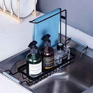 Mlesi Sponge Holder for Kitchen Sink Kitchen Sink Caddy Stainless Steel Telescopic Sink Storage Rack, Telescopic Sink Basket with Dish Towel Rack Expandable (14.2"-17.3") Rustproof Sink Organizer