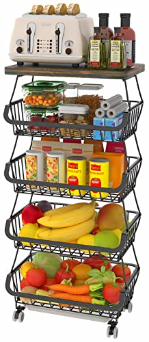 CHLORYARD Fruit Basket with Wooden Lid for Kitchen, 5-Tier Stackable Wire Fruit Vegetable Storage Basket Organizer Stand on Wheel, Produce Basket Potato Onion Storage Bins Rack Cart for Pantry