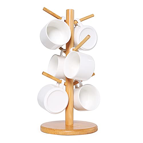 Maxcocola Mug Holder Tree, Coffee Cup Holder, Countertop Mug Tree , Coffee Mug Holder for Counter Stand, Bamboo Mug Rack & Tea Cup Organizer, Bamboo Coffee Counter Bar Accessory with 6 Hooks