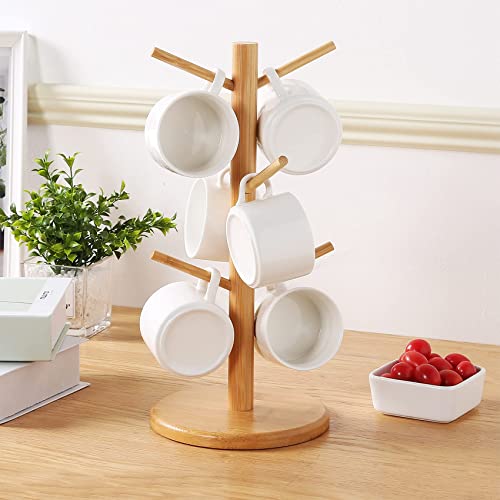 Maxcocola Mug Holder Tree, Coffee Cup Holder, Countertop Mug Tree , Coffee Mug Holder for Counter Stand, Bamboo Mug Rack & Tea Cup Organizer, Bamboo Coffee Counter Bar Accessory with 6 Hooks