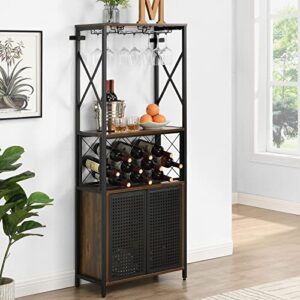 oiog wine bar cabinet furniture, freestanding wine bakers rack with glass holder and storage cabinet, multifunctional liquor cabinet for kitchen and dining room (vintage brown)