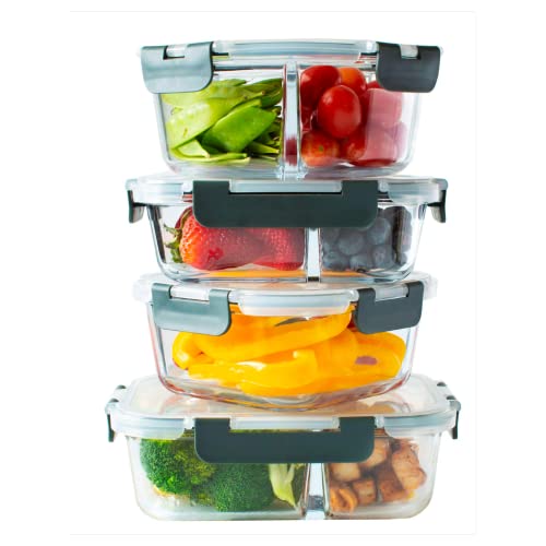 Orii 4 Pack Glass Meal Prep Containers with Lids, 2 or 3 Compartments for Food Storage, BPA-Free, Leak Proof & Airtight (Charcoal Gray Handles)