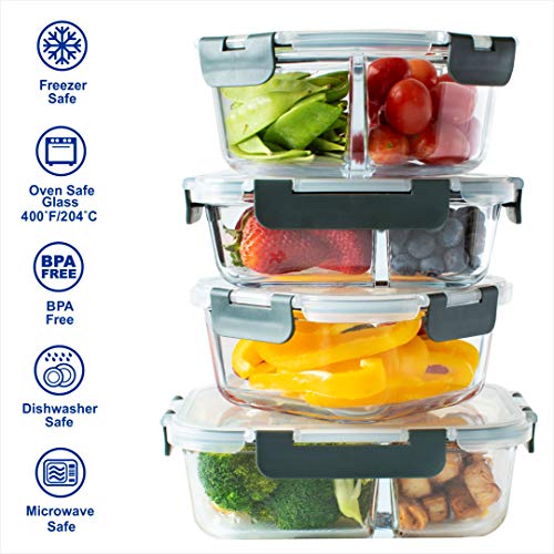 Orii 4 Pack Glass Meal Prep Containers with Lids, 2 or 3 Compartments for Food Storage, BPA-Free, Leak Proof & Airtight (Charcoal Gray Handles)