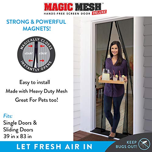 Magic Mesh Deluxe- Black- Hands Free Magnetic Screen Door, Mesh Curtain Keeps Bugs Out, Frame Hook & Loop, Hands Free, Pet & Kid Friendly- Fits Doors up to 39 x 83 Inches