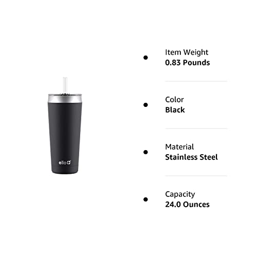 Ello Beacon Vacuum Insulated Stainless Steel Tumbler with Slider Lid and Optional Straw, 24 oz, Black