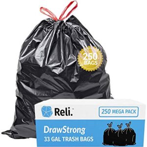 Reli. 30 Gallon Trash Bags Drawstring | 250 Count Bulk | Black | 33 Gallon Garbage Bags Heavy Duty | Large