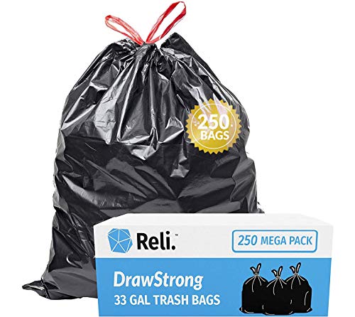 Reli. 30 Gallon Trash Bags Drawstring | 250 Count Bulk | Black | 33 Gallon Garbage Bags Heavy Duty | Large