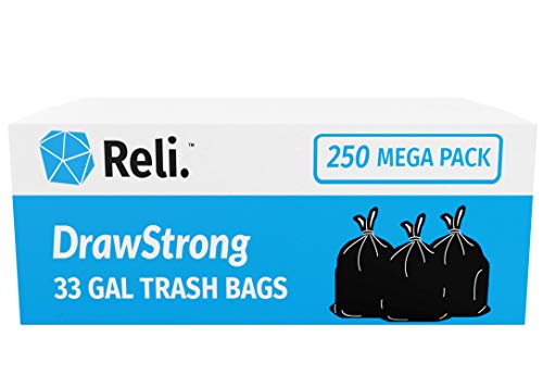 Reli. 30 Gallon Trash Bags Drawstring | 250 Count Bulk | Black | 33 Gallon Garbage Bags Heavy Duty | Large