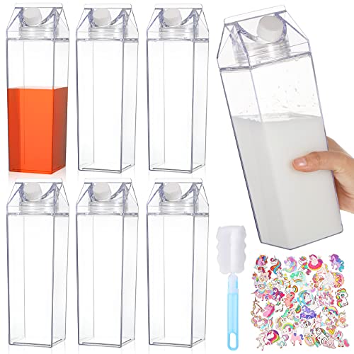 6 Pack 33 oz Clear Milk Carton Water Bottle Plastic Square Milk Bottles Portable Milk Carton Cup Milk Container for Refrigerator with 50 Pcs Cute Stickers 2 Pcs Brush for Travel Camping Outdoor Sports