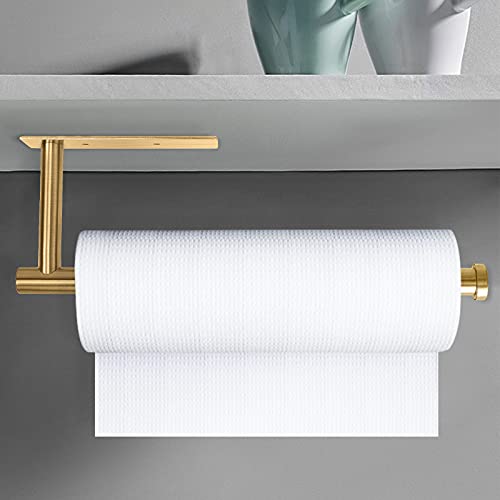 Jeasor Paper Towel Holder Under Cabinet - Self Adhesive or Drilling Toilet Paper Towel Rack for Kitchen Bathroom, SUS304 Stainless Steel, Wall Mounted (Gold)