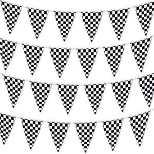 checkered flags black and white 100’ ft pennant racing banner | nascar theme party decoration plastic flag | race car parties décor | decorative birthday bbq bar hanging accessories | 1 banner