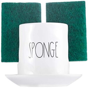 Sponge Holder for Kitchen Sink Modern Farmhouse White Ceramic Sponge Caddy with Drip Tray & Includes Two Sponges by Salbree (White, 1)