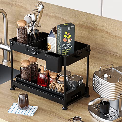 Under Sink Organizers 2-Tier, RIASEVI Sliding Under Bathroom Kitchen Cabinet Storage Drawer Organizer with Hooks, Hanging Cup, Dividers, Multi-purpose Under Sink Shelf Organizer, 2 Pack, Black