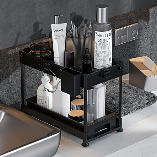 Under Sink Organizers 2-Tier, RIASEVI Sliding Under Bathroom Kitchen Cabinet Storage Drawer Organizer with Hooks, Hanging Cup, Dividers, Multi-purpose Under Sink Shelf Organizer, 2 Pack, Black