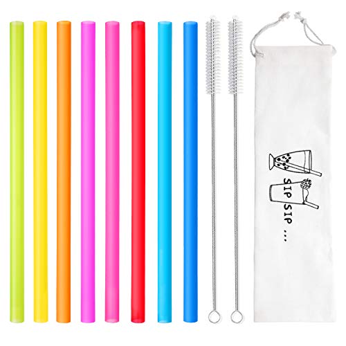 8 Pcs Extra Wide Reusable Smoothie Straws & Boba Straws with 1 Bag & 2 Brushes - Multicolor Big Jumbo Straws, BPA FREE Large Plastic Straws for Smoothies, Bubble Tea(Tapioca, Boba Pearls), Milkshakes