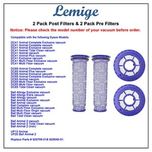 Lemige 2 Pack Post Filters & 2 Pack Pre Filters Replacement for Dyson DC41 DC65 DC66 UP13 UP20 Animal, Multi Floor and Ball Vacuums, Compare to Part #920769-01&920640-01