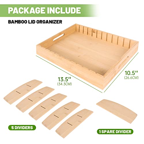 Kitchen Bamboo Lid Organizer, Cabinet Organizer for Food Storage Container Lids, Kitchen gadgets with 6 Adjustable Dividers, Lid Holder for kitchen organization