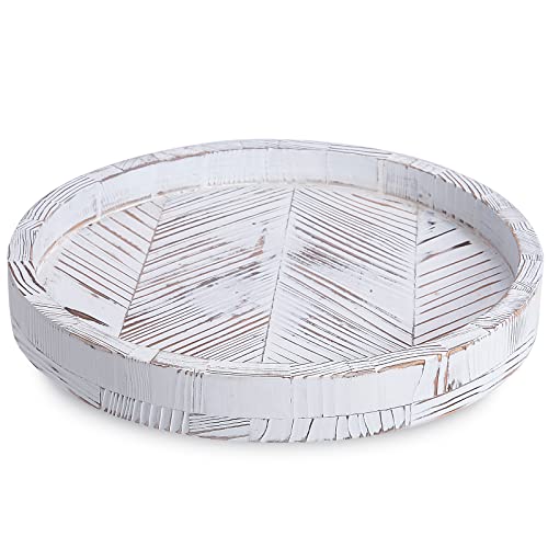 12 Inch Rustic Farmhouse Wood Lazy Susan Turntable for Table, Tomoaza White Herringbone Decorative Turntable Tray, Dining Table Centerpiece and Cabinet Organizer