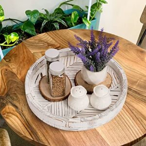 12 Inch Rustic Farmhouse Wood Lazy Susan Turntable for Table, Tomoaza White Herringbone Decorative Turntable Tray, Dining Table Centerpiece and Cabinet Organizer