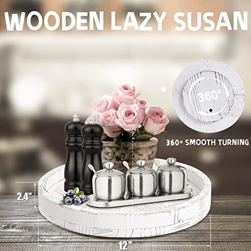 12 Inch Rustic Farmhouse Wood Lazy Susan Turntable for Table, Tomoaza White Herringbone Decorative Turntable Tray, Dining Table Centerpiece and Cabinet Organizer