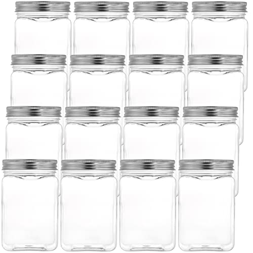 Bekith 16 Pack Clear Plastic Jars With Screw On Lids, 16 OZ Airtight Containers for Food Storage, Refillable Square Empty Plastic Storage Jars for Dry Food, Peanut Butter, Honey, BPA Free