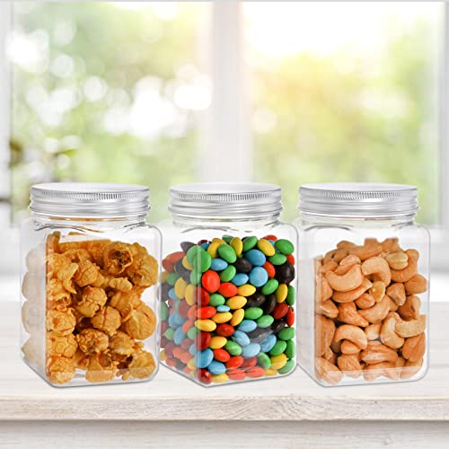 Bekith 16 Pack Clear Plastic Jars With Screw On Lids, 16 OZ Airtight Containers for Food Storage, Refillable Square Empty Plastic Storage Jars for Dry Food, Peanut Butter, Honey, BPA Free