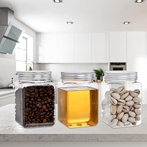 Bekith 16 Pack Clear Plastic Jars With Screw On Lids, 16 OZ Airtight Containers for Food Storage, Refillable Square Empty Plastic Storage Jars for Dry Food, Peanut Butter, Honey, BPA Free