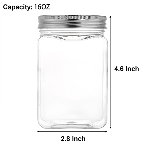 Bekith 16 Pack Clear Plastic Jars With Screw On Lids, 16 OZ Airtight Containers for Food Storage, Refillable Square Empty Plastic Storage Jars for Dry Food, Peanut Butter, Honey, BPA Free