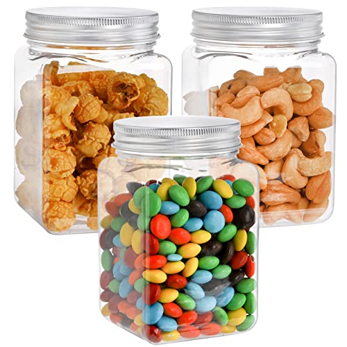 Bekith 16 Pack Clear Plastic Jars With Screw On Lids, 16 OZ Airtight Containers for Food Storage, Refillable Square Empty Plastic Storage Jars for Dry Food, Peanut Butter, Honey, BPA Free