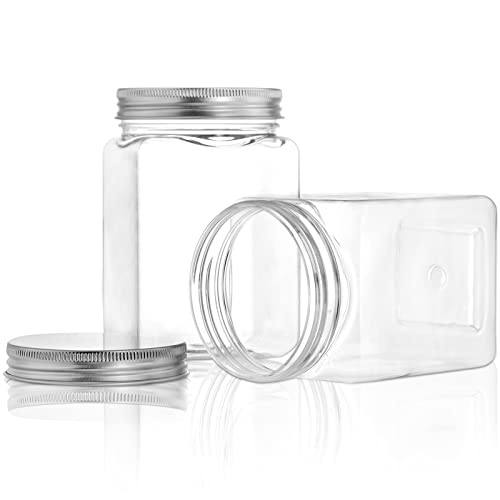 Bekith 16 Pack Clear Plastic Jars With Screw On Lids, 16 OZ Airtight Containers for Food Storage, Refillable Square Empty Plastic Storage Jars for Dry Food, Peanut Butter, Honey, BPA Free