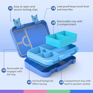 Caperci Versatile Bento Lunch Box for Kids - Leakproof 6-Compartment Children's Lunch Container with Removable Compartment - Ideal Portions Size for Ages 3 to 7, BPA-Free Materials (Blue)